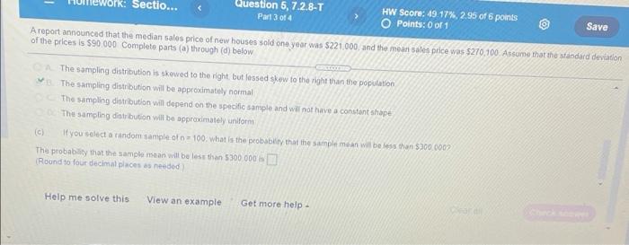 Solved Sectio... Question 6, 7.2.8-T Part 3 of 4 HW Score: | Chegg.com