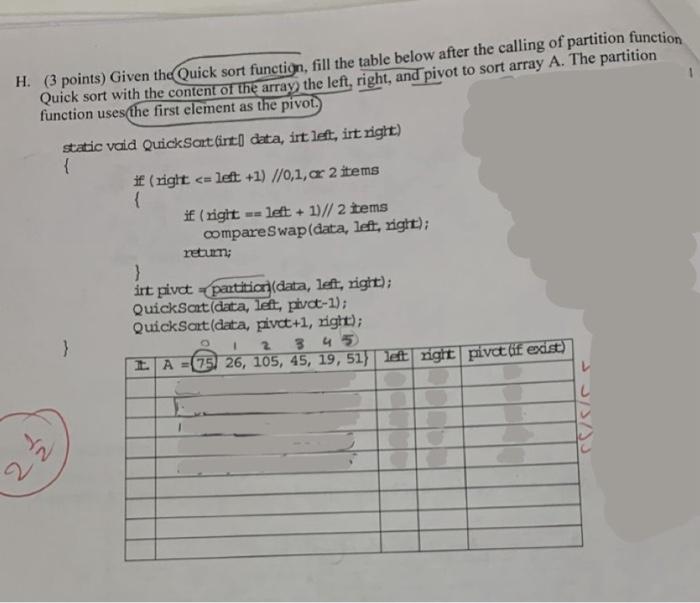 Solved H. (3 points) Given the Quick sort function, fill the | Chegg.com Solved H. (3 points) Given the Quick sort function, fill the | Chegg.com