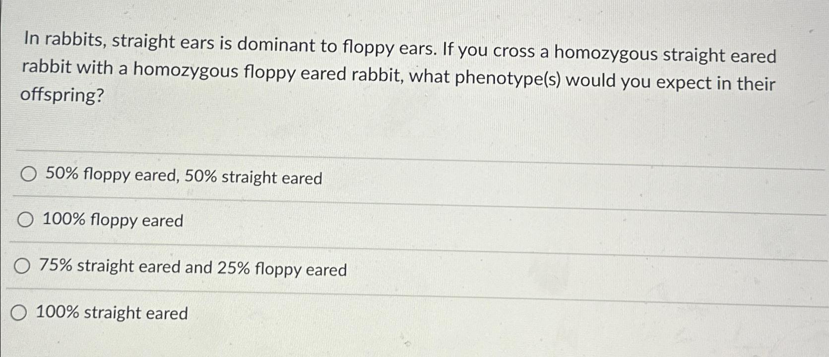 Solved In rabbits, straight ears is dominant to floppy ears. | Chegg.com