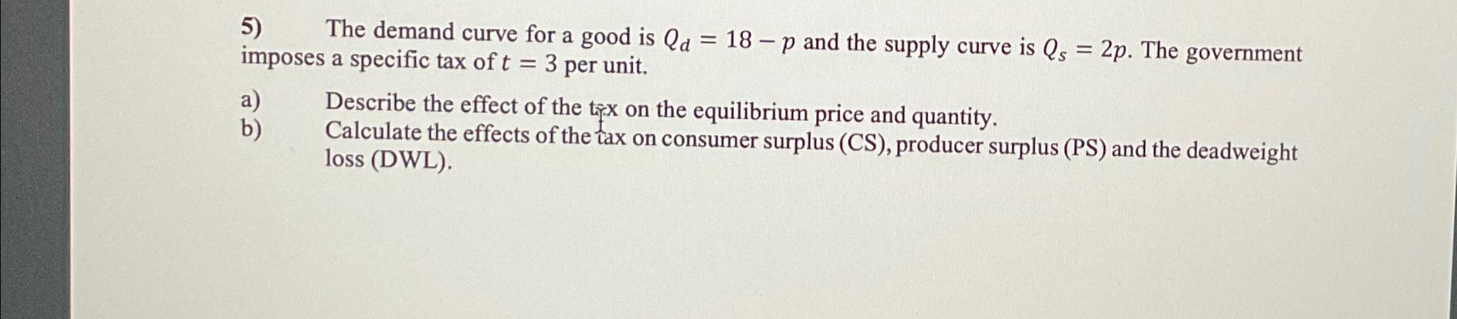 Solved The demand curve for a good is Qd=18-p ﻿and the | Chegg.com