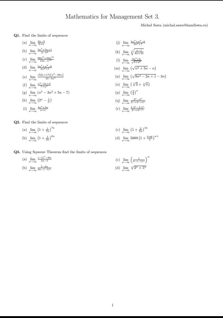 Solved Mathematics for Management Set 3. Michał Sawa | Chegg.com