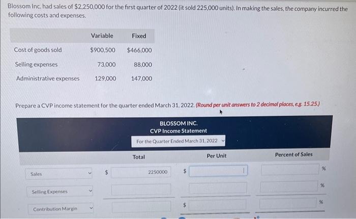Solved Blossom inc. had sales of $2,250,000 for the first | Chegg.com
