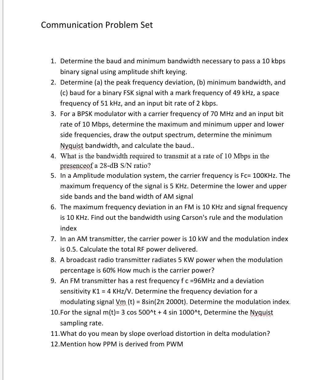 Solved Communication Problem Set 1. Determine the baud and | Chegg.com