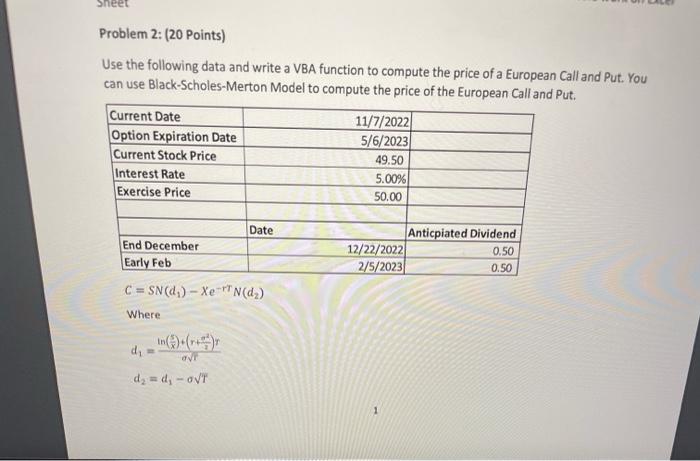Use the following data and write a VBA function to | Chegg.com