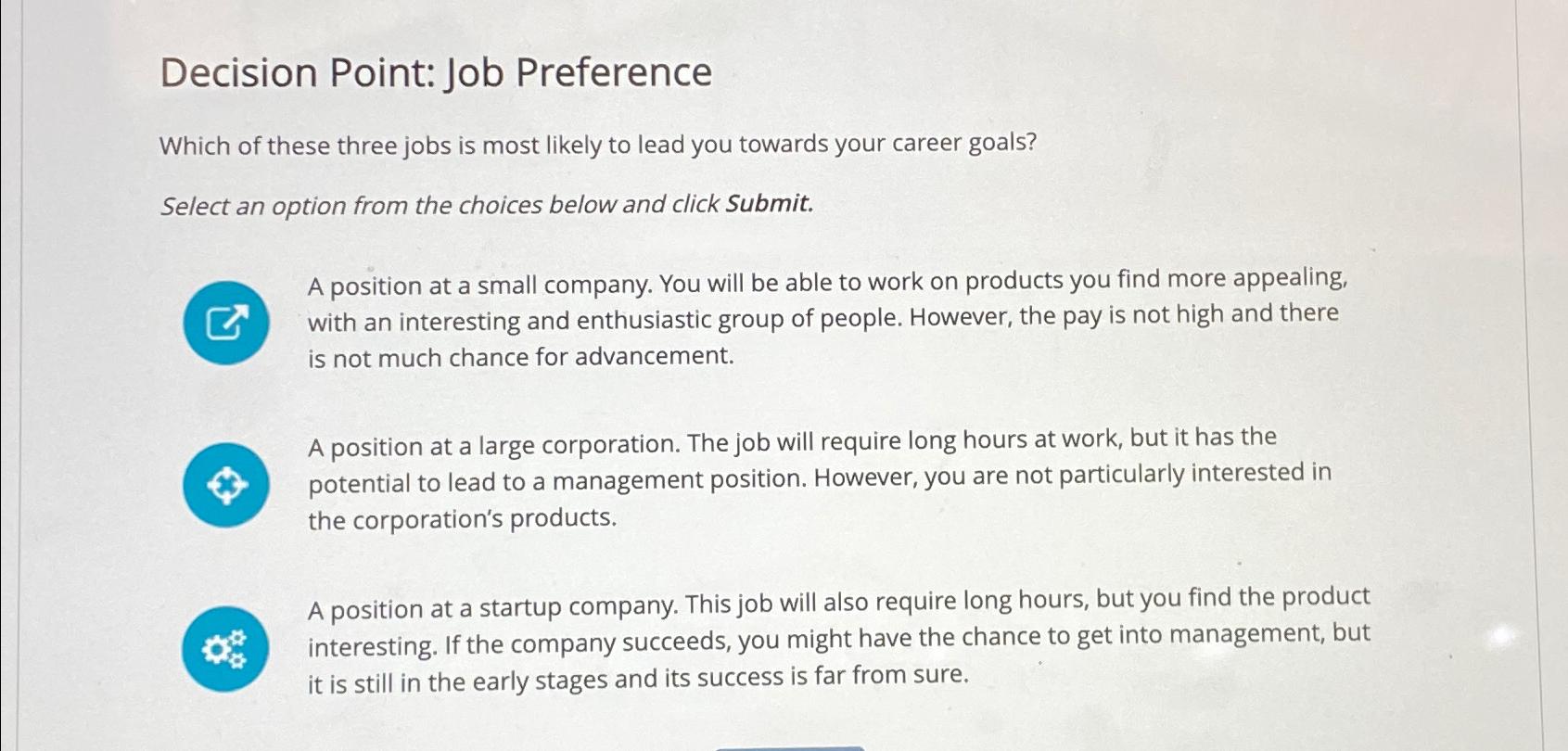 Solved Decision Point: Job PreferenceWhich of these three | Chegg.com