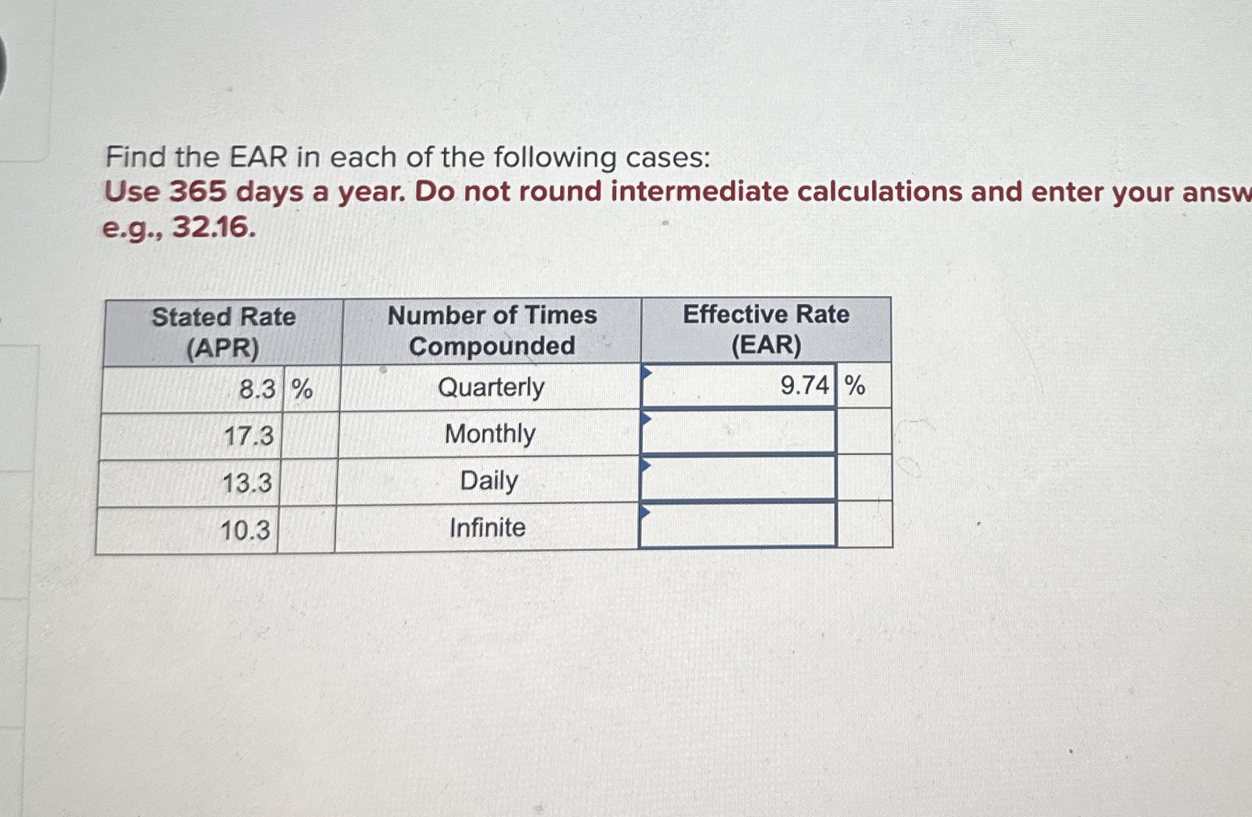Find the EAR in each of the following cases:Use 365 | Chegg.com