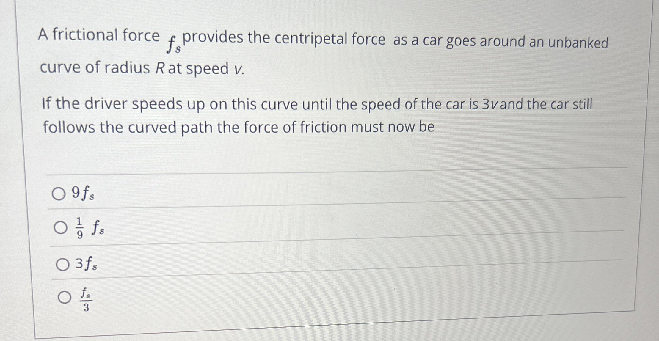 Solved A frictional force fs ﻿provides the centripetal force | Chegg.com