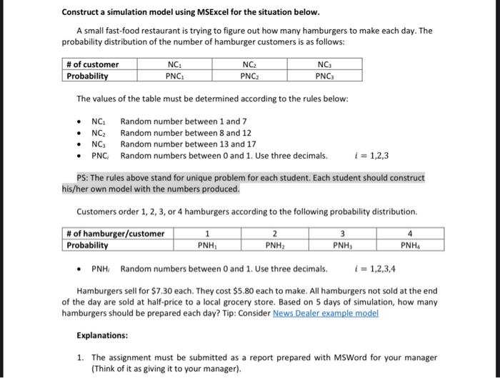 Solved Construct a simulation model using MSExcel for the | Chegg.com