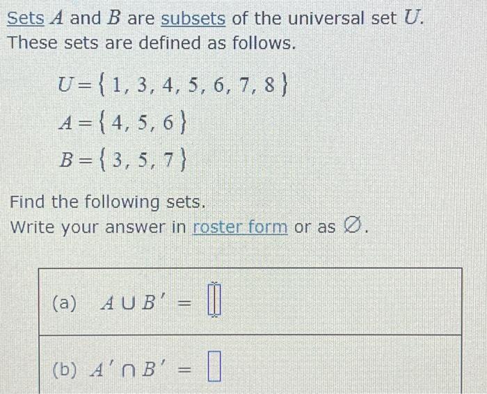 Solved Sets A and B are subsets of the universal set U. | Chegg.com