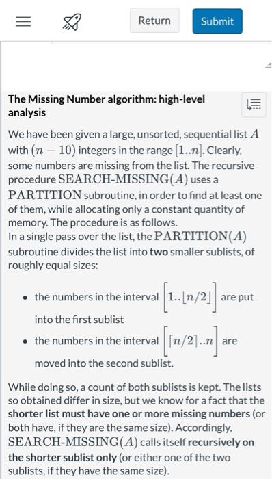 Solved The Missing Number algorithm: high-level 1≡ analysis | Chegg.com