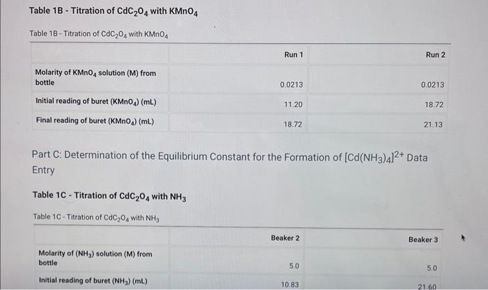 Solved Table 1 B - Titration of CdC2O4 with KMnO4 Table 1 B | Chegg.com