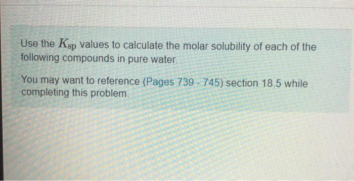 Solved Use the Ksp values to calculate the molar solubility | Chegg.com