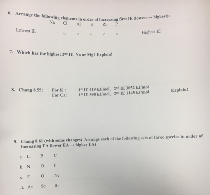 Solved CHEM 101 Worksheet Chapter 8: Periodic properties of | Chegg.com