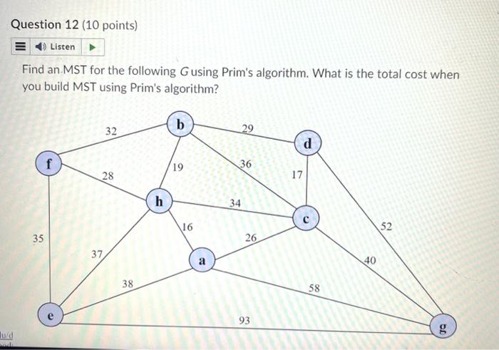 Solved Find an.MST for the following G using Prim's | Chegg.com Solved Find an.MST for the following G using Prim's | Chegg.com