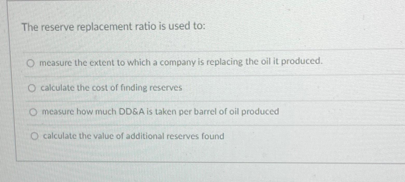 Solved The reserve replacement ratio is used to:measure the | Chegg.com