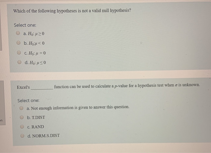 Solved Which of the following hypotheses is not a valid null | Chegg.com
