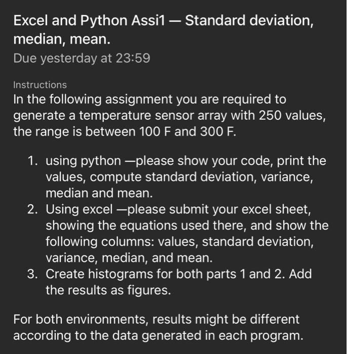 Solved Excel and Python Assi1 - Standard deviation, median, | Chegg.com