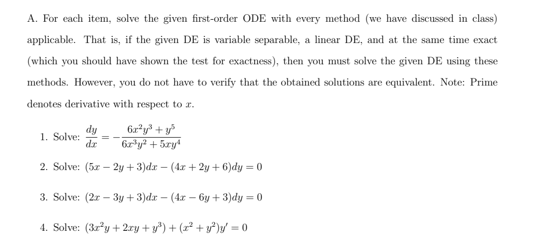 Solved A. For each item, solve the given first-order ODE | Chegg.com