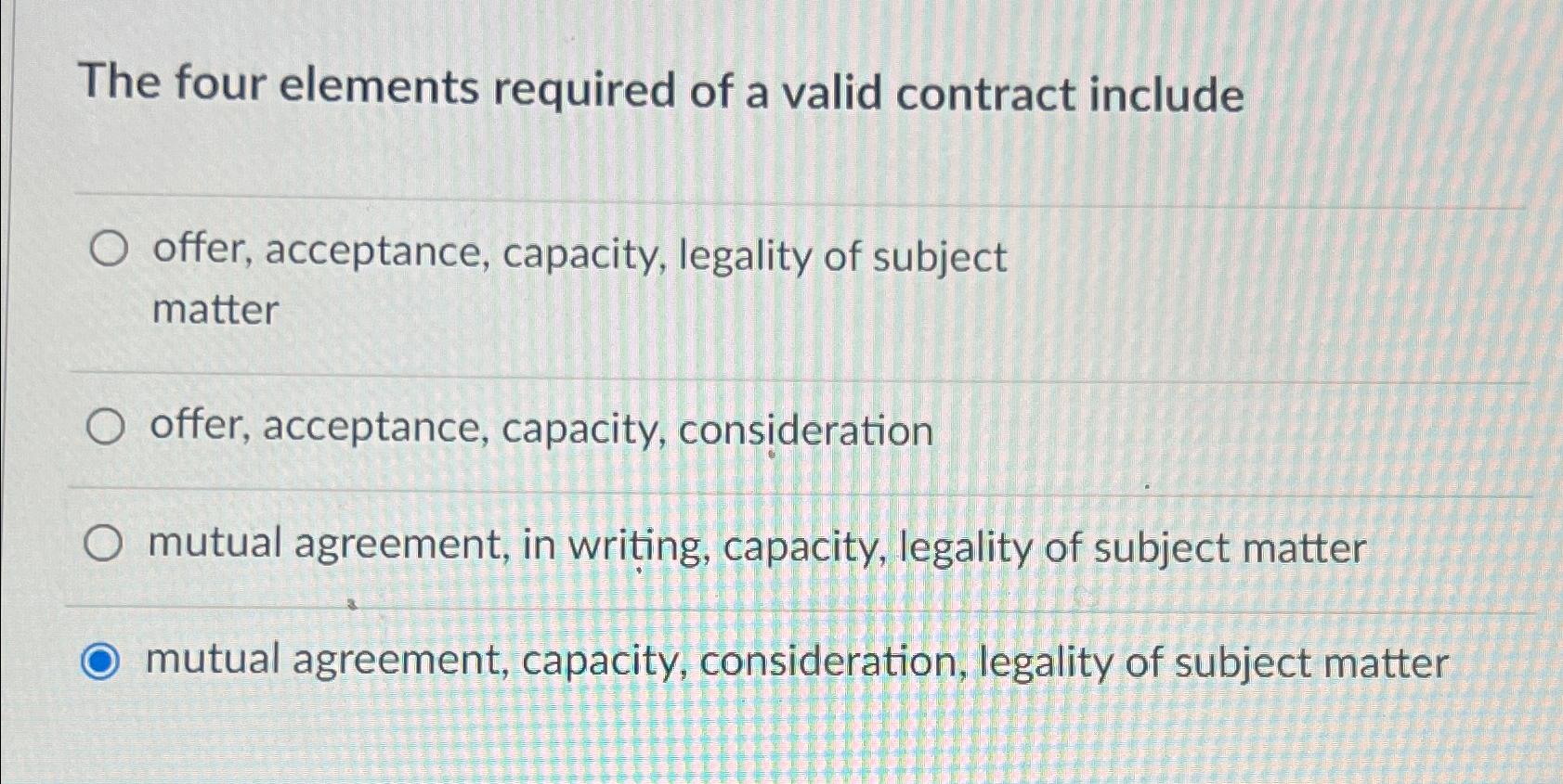 Solved The four elements required of a valid contract | Chegg.com