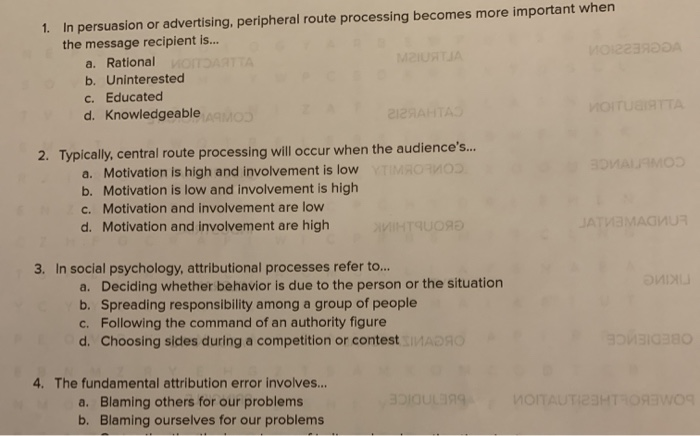 Solved 1. In persuasion or advertising, peripheral route | Chegg.com