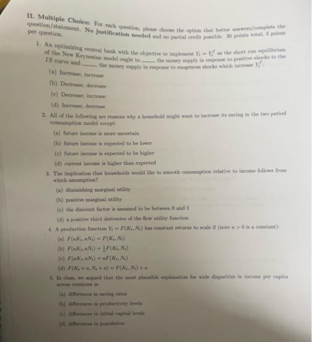 Solved II. Multiple Choice: For ench question, please chocee | Chegg.com