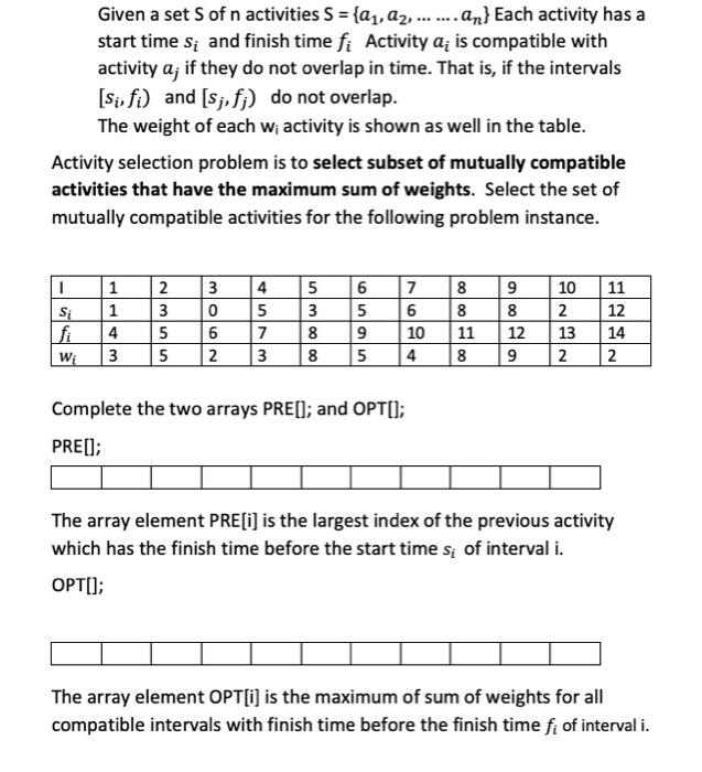 Solved Given a set S of n activities S={a1,a2,…….an} Each | Chegg.com