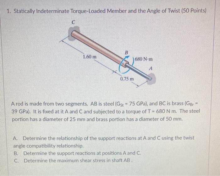 Solved 1. Statically Indeterminate Torque-Loaded Member and | Chegg.com