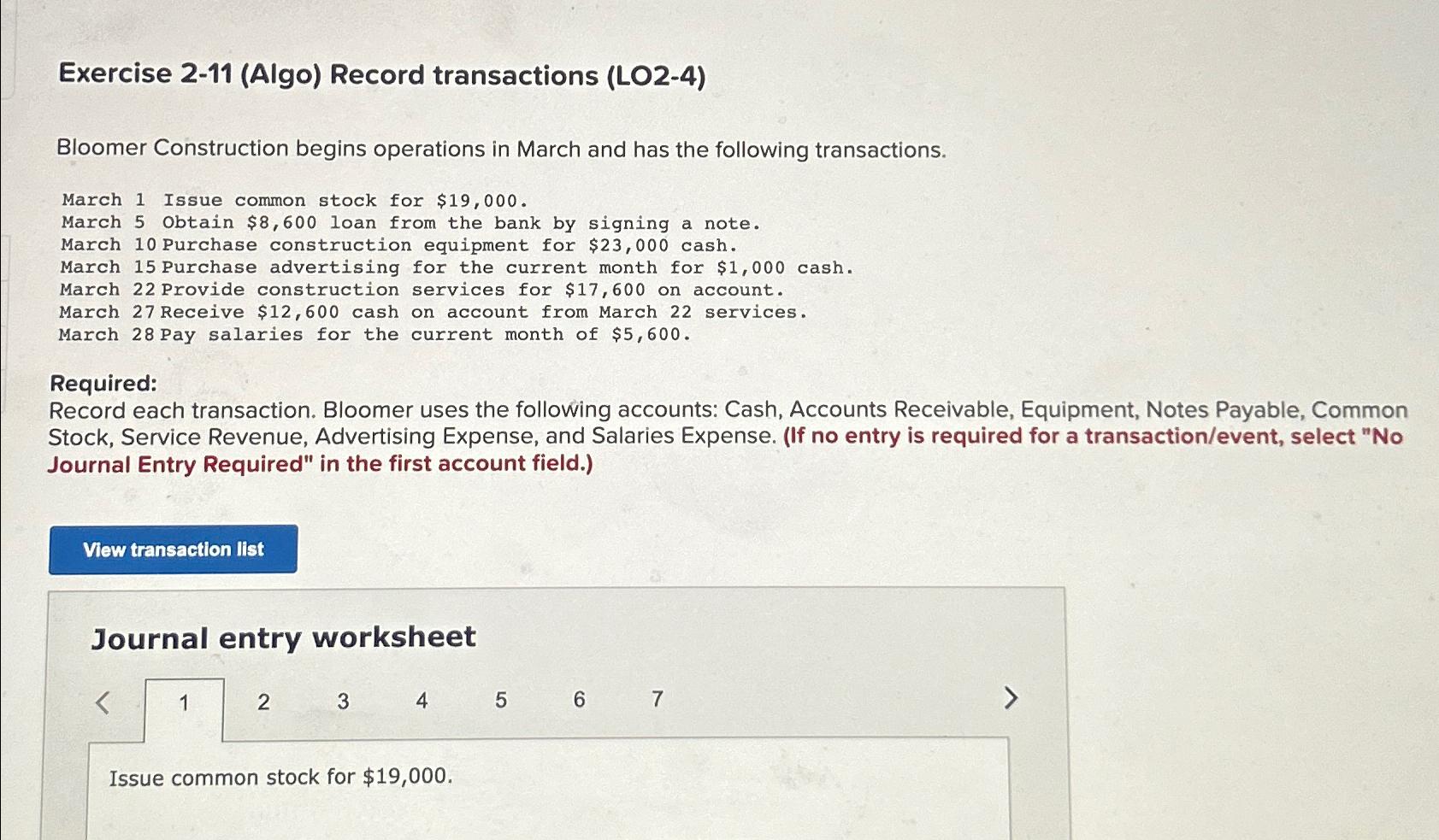 Solved Exercise 2-11 (Algo) ﻿Record transactions | Chegg.com