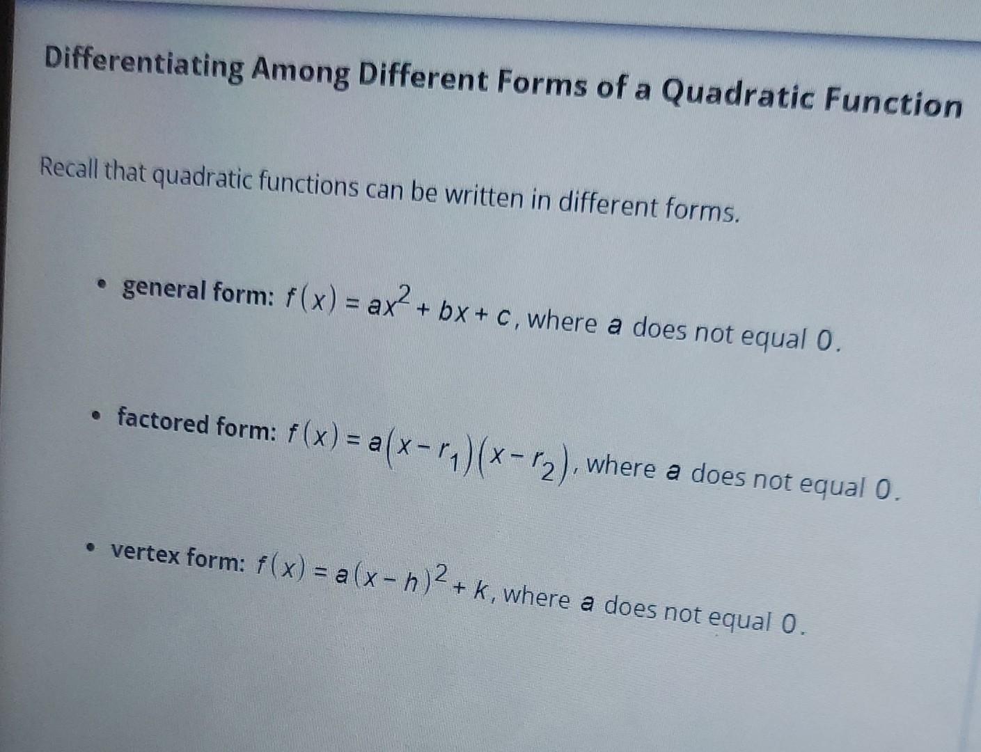 Solved Differentiating Among Different Forms of a Quadratic | Chegg.com