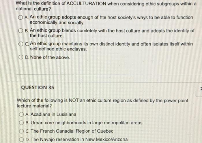 Solved What is the definition of ACCULTURATION when | Chegg.com