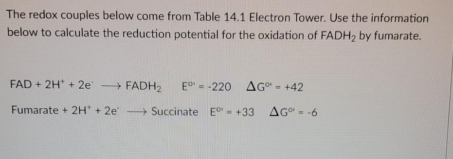 Solved The redox couples below come from Table 14.1 Electron | Chegg.com