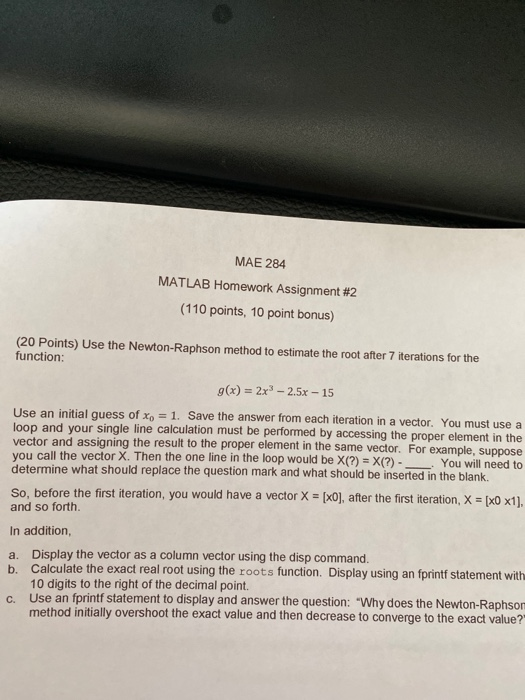 MAE 284 MATLAB Homework Assignment #2 (110 points, 10 | Chegg.com