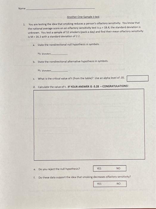 Solved I need help with another One Sample t test worksheet. | Chegg.com