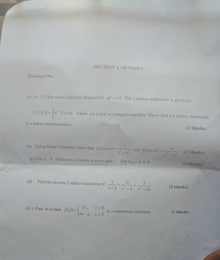 SECTION A ( 10 ﻿Marks)Question One(a) ﻿Let f(t) ﻿be a | Chegg.com