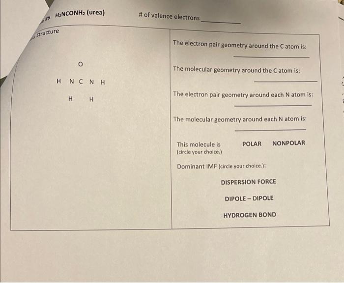 Solved H2NCONH2 (urea) # of valence electrons structure The | Chegg.com
