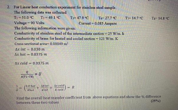 Solved T = 14.7 °C Ts- 14.8 °C 2. For Linear heat conduction | Chegg.com