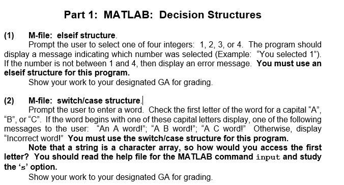 Solved Part 1 Matlab Decision Structures 1 M File