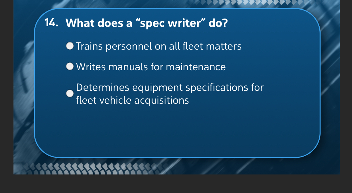 Solved What does a "spec writer" do?Trains personnel on all | Chegg.com