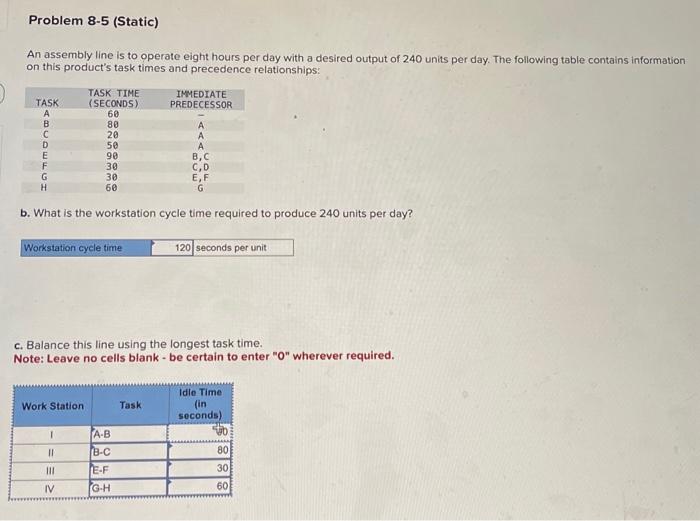 Solved Problem 8-5 (Static) An assembly line is to operate | Chegg.com