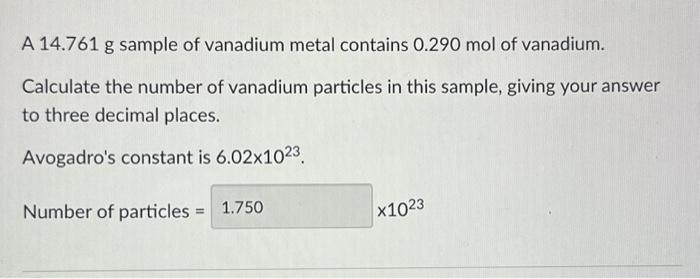 Solved A 14.761 g sample of vanadium metal contains 0.290 | Chegg.com