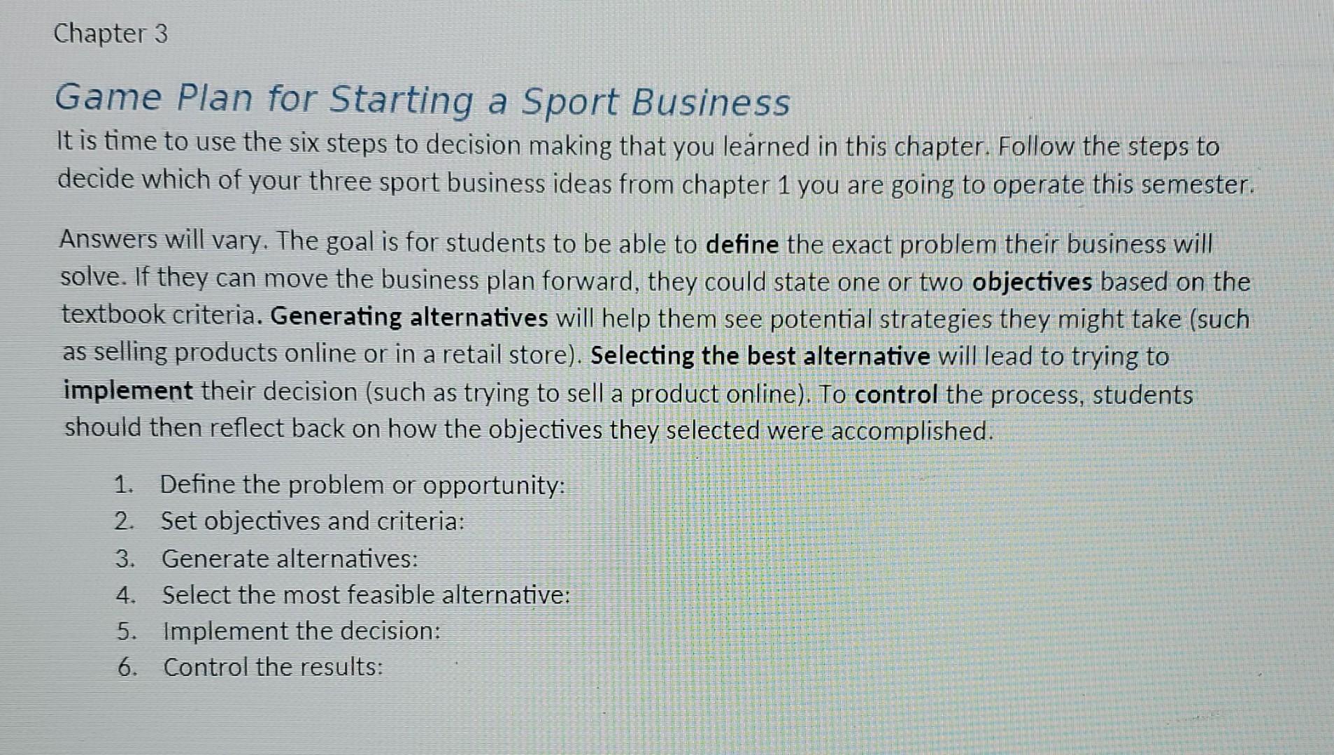 Solved Chapter 1 Game Plan for Starting a Sport Business | Chegg.com