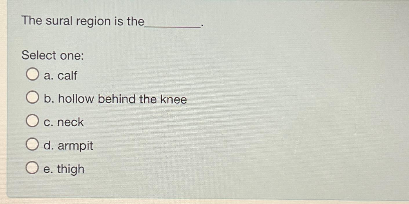 Solved The sural region is theSelect one:a. ﻿calfb. ﻿hollow | Chegg.com