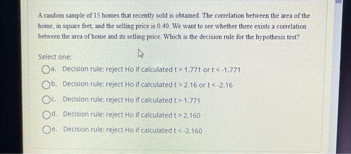 Solved A random sample of 15 homes that recently sold is | Chegg.com