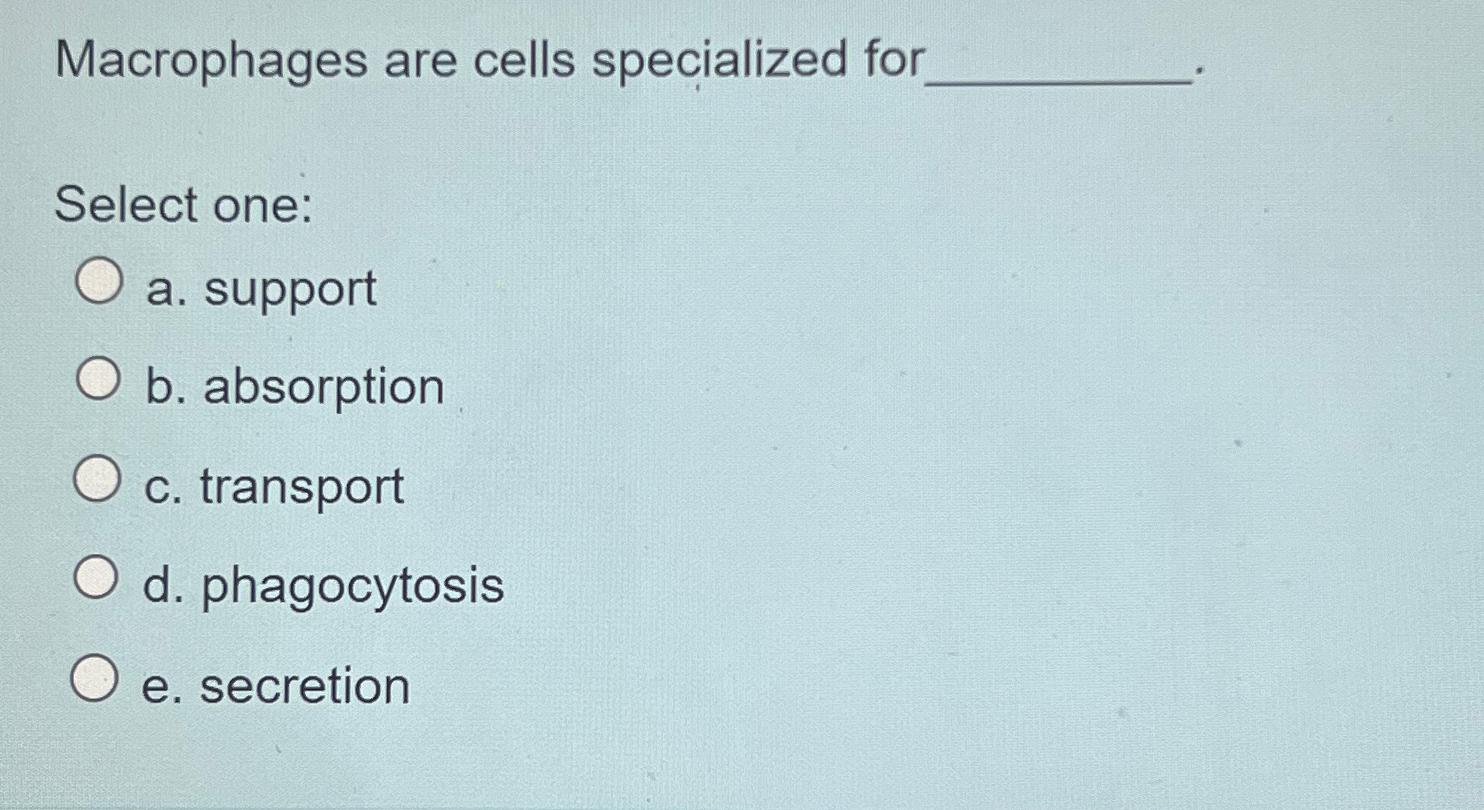 Solved Macrophages are cells specialized forSelect one:a. | Chegg.com