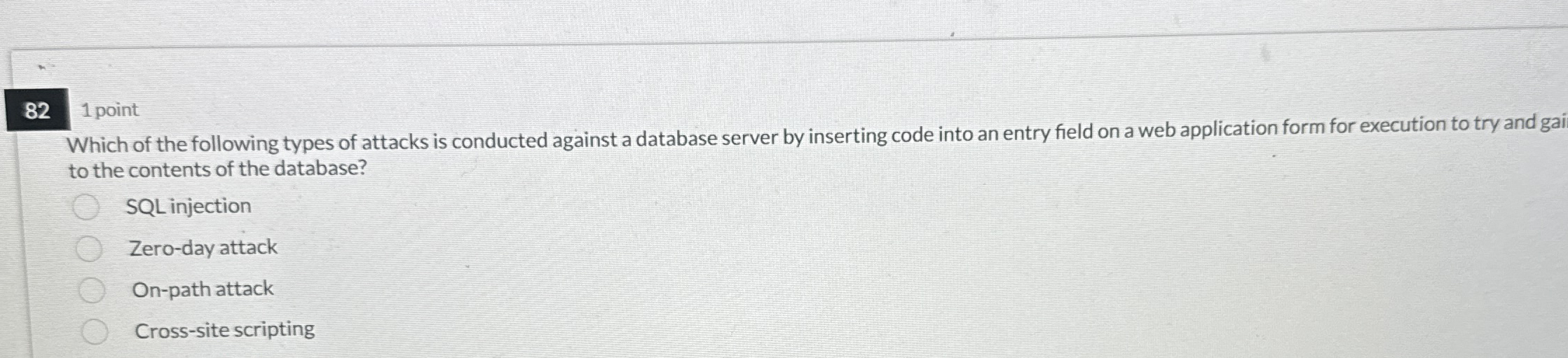 Solved 821 ﻿pointWhich of the following types of attacks is | Chegg.com