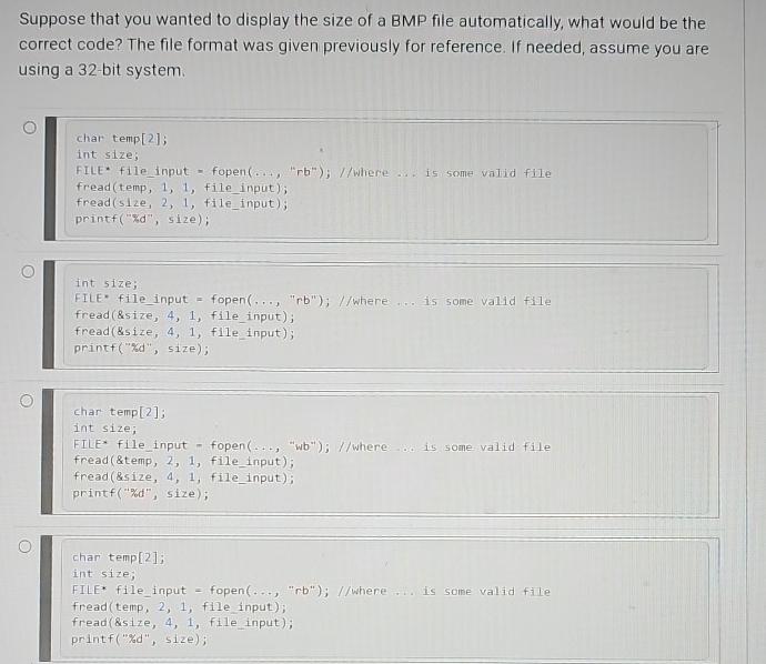 Solved Suppose that you wanted to display the size of a BMP | Chegg.com