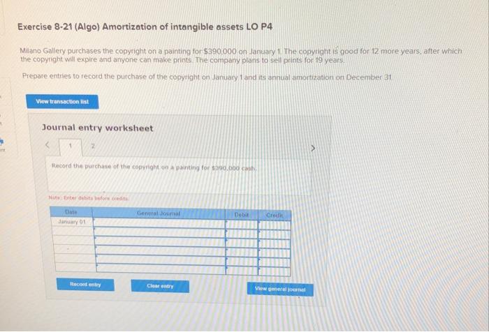 Solved Exercise 8-21 (Algo) Amortization of intangible | Chegg.com