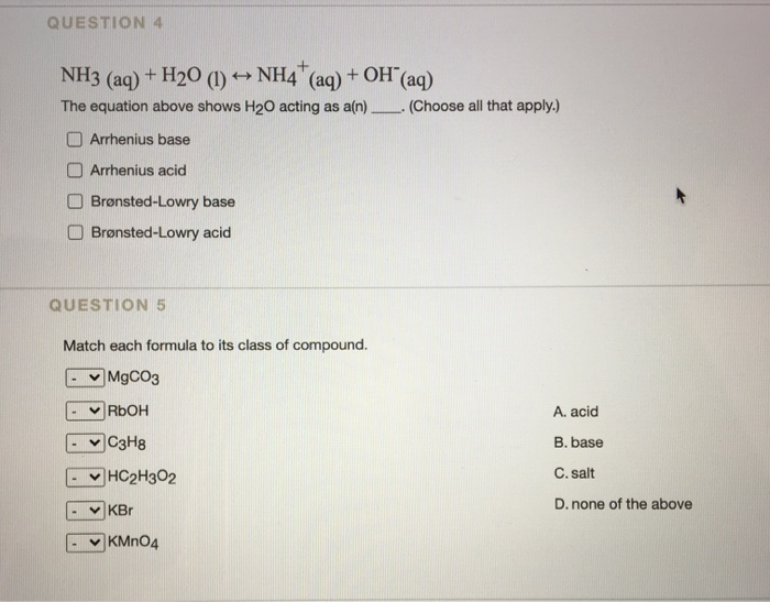 Solved QUESTION 4 NH3 (aq) + H20 (1) ++ NH4+ (aq) + OH" (aq) | Chegg.com