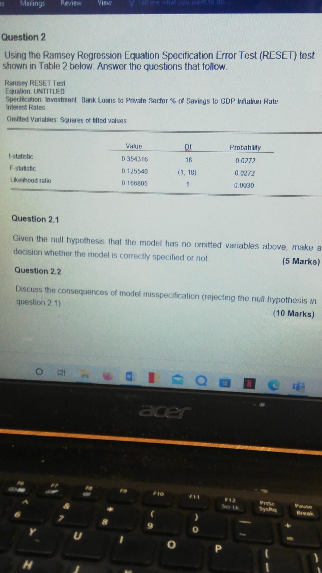 Solved Using The Ramsey Regression Equation Specification