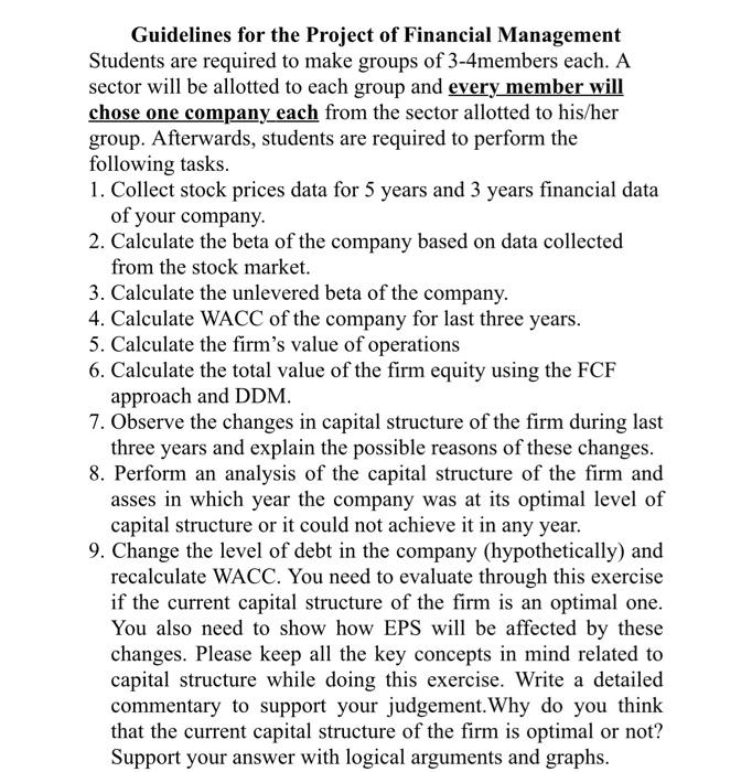 Guidelines for the Project of Financial Management | Chegg.com
